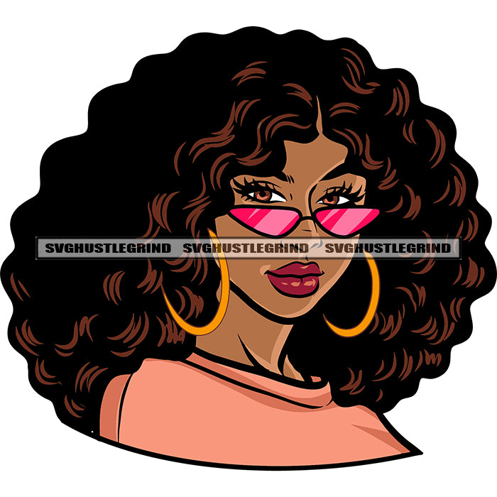 African American Woman Wearing Sunglass And Hoop Earing Curly Puffy Ha