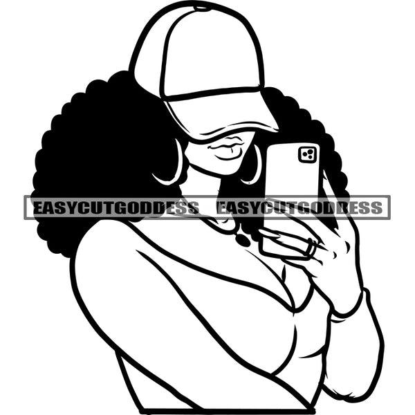 Black And White Afro Woman Take Selfie Pose Wearing Cap Curly Hairstyl